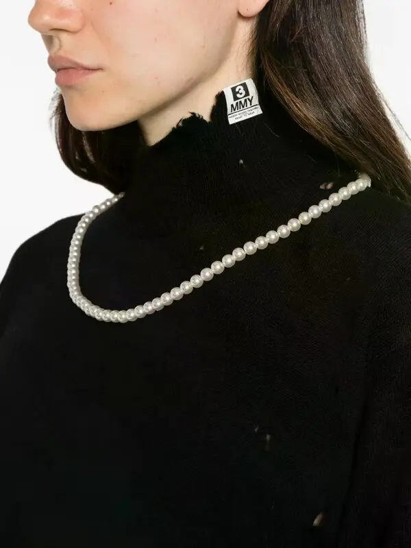 Mihara Yasuhiro Distressed Pearl-embellished High Neck Sweater