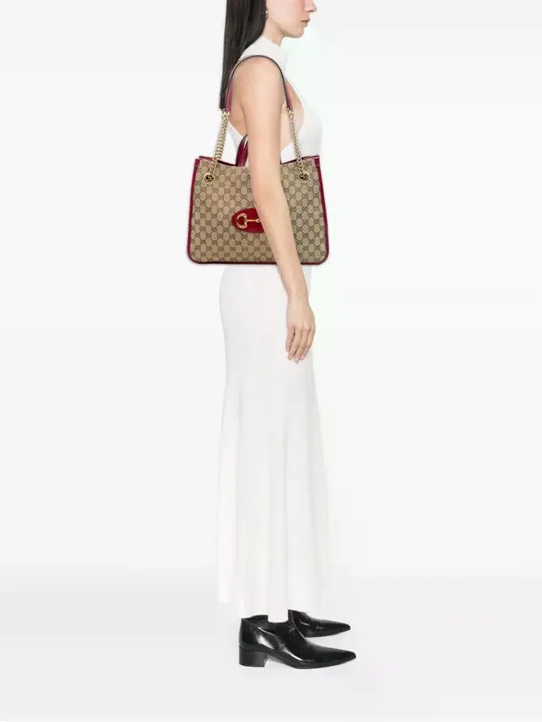Gucci 1955 Horsebit Chain Tote Satchel In Gg Canvas - Red