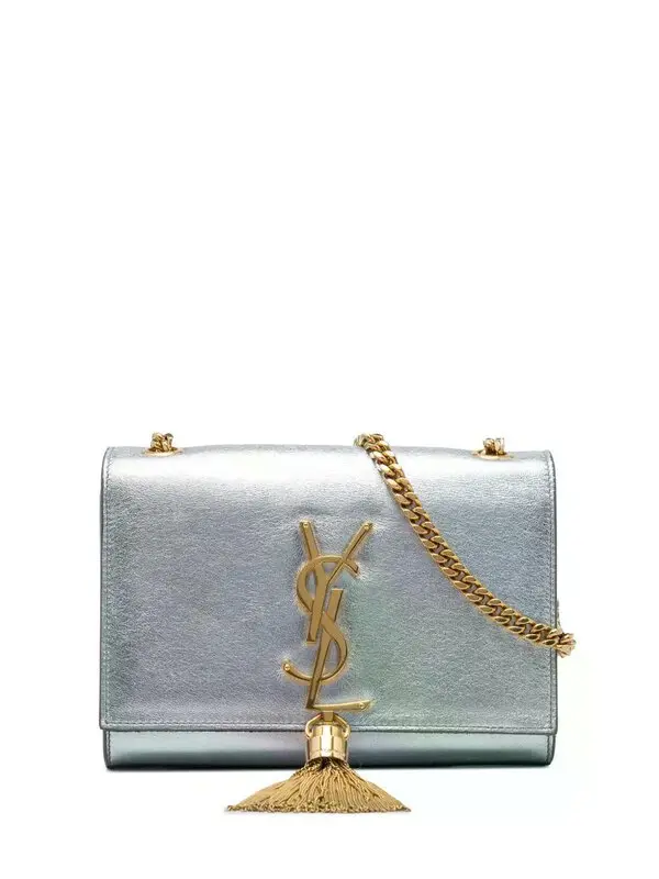 Saint Laurent 2014 Small Metallic Calfskin Monogram Kate Tassel Crossbody Bag - Silver