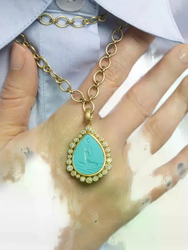 LEIGH MAXWELL Mermaid Turquoise And Diamond Pendant In 18k Yellow