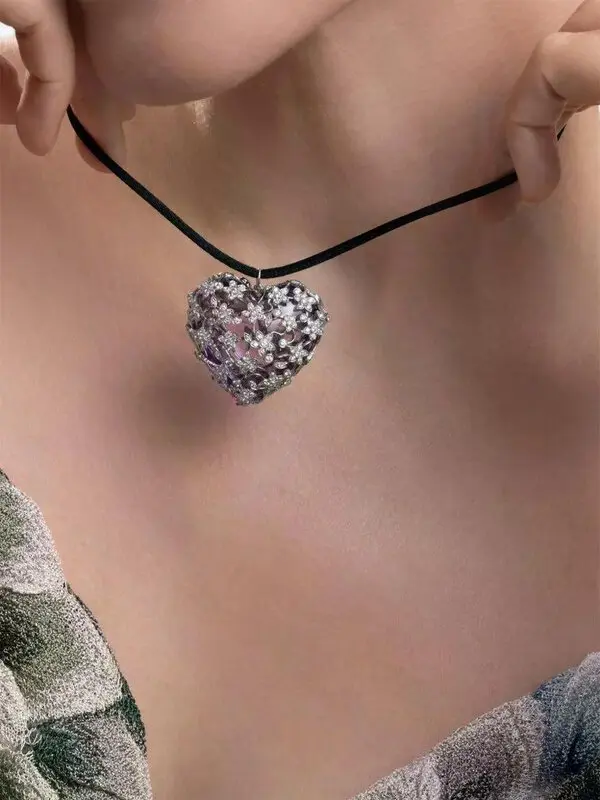 CICADA JEWELRY Platinum Amethyst And Diamond Heart Pendant Necklace