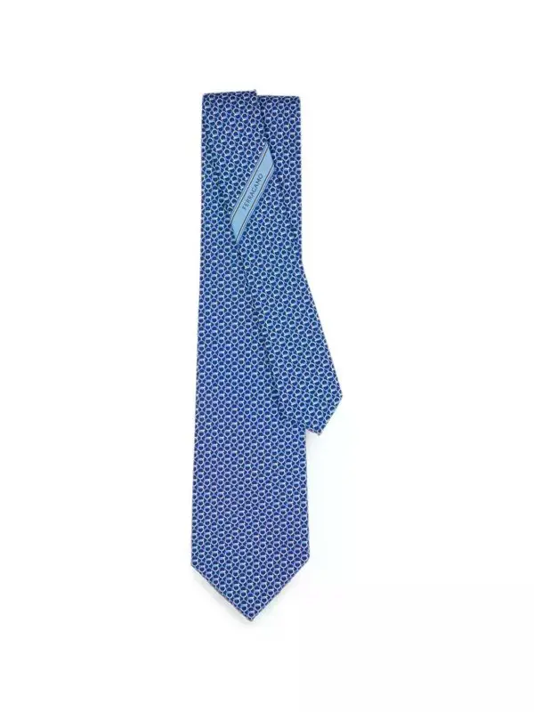 FERRAGAMO Gancini Links Print Silk Neck Tie - Blue