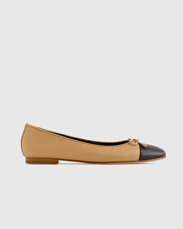 Quince Italian Leather Cap-toe Ballet Flat - Cashew/black