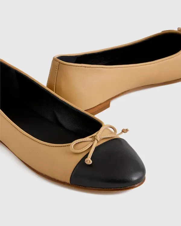 Quince Italian Leather Cap-toe Ballet Flat - Cashew/black
