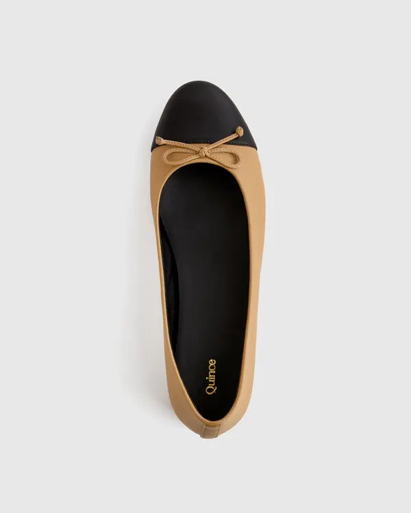 Quince Italian Leather Cap-toe Ballet Flat - Cashew/black