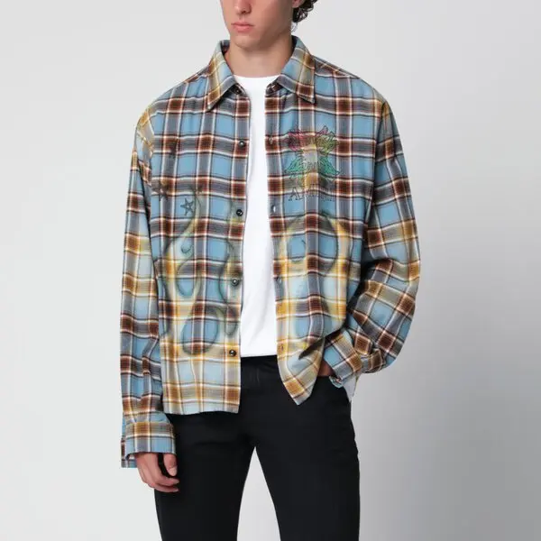 Amiri Ma Quad Bleached Blue Cotton Flannel Shirt