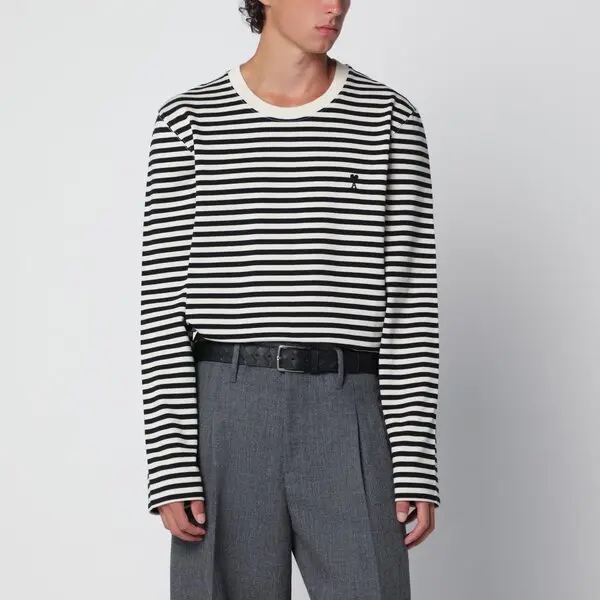 AMI Paris De Coeur Striped Cotton Sweater - Black