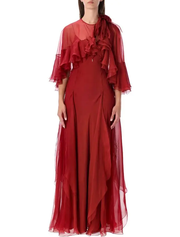 Alberta Ferretti Silk Chiffon Gown With Detachable Ruffled Cape And Layered Slip Dress - Rosso