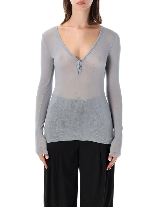 JAMES PERSE Ultra-fine Ribbed Cotton-cashmere Henley Top With Deep V-neck - Blu