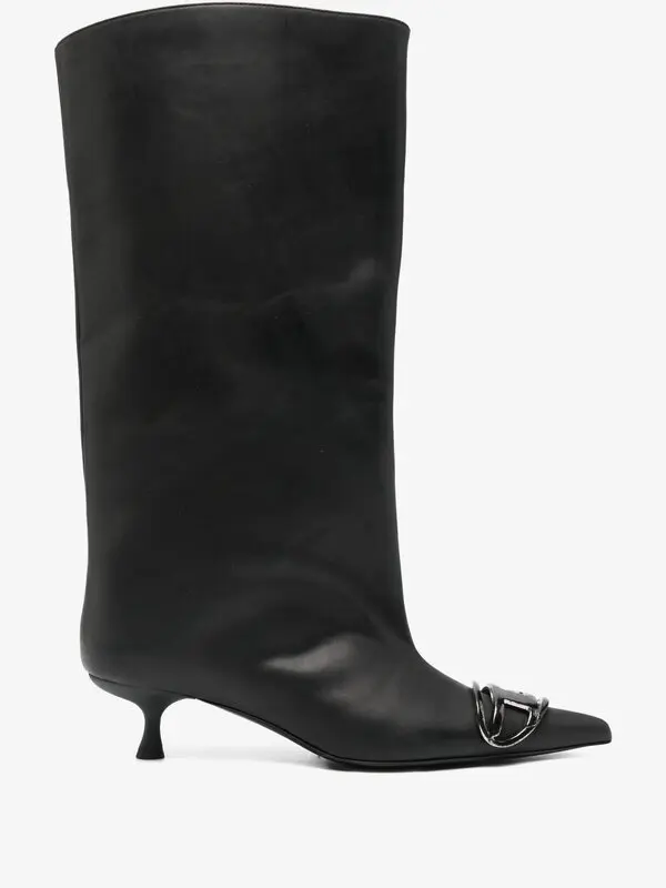 DIESEL® Leather Knee-high Boots With Wide Shaft, Tapered Toe & 4 Cm Kitten Heel - Nero