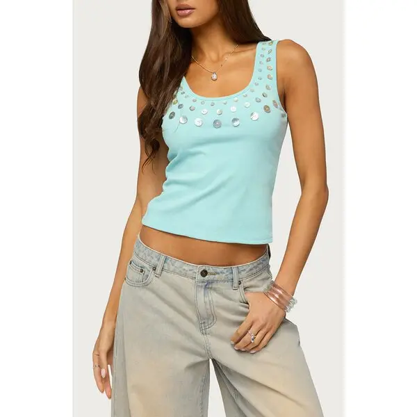 EDIKTED Iridescent Button Embellished Scoop Neck Crop Tank