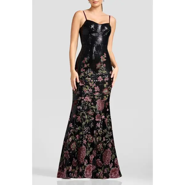 Dress The Population Giovanna Floral Embroidery Sequin Mermaid Gown - Black Multi