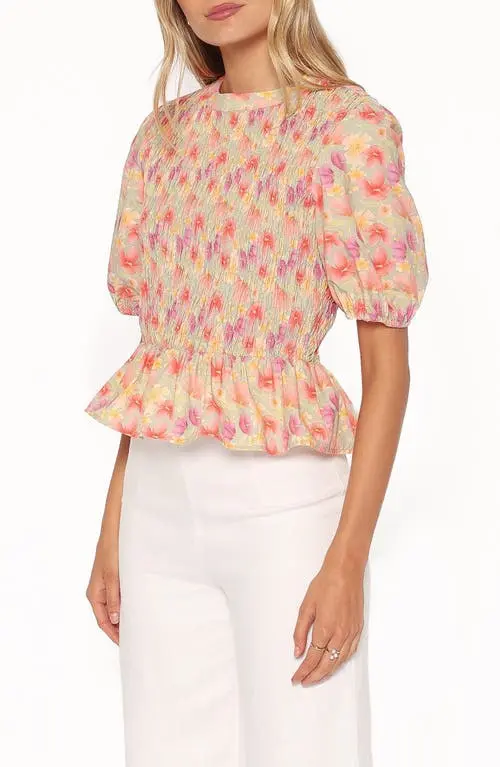 PETAL & PUP Smocked Cotton Peplum Top With Puff Sleeves