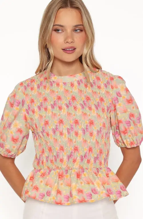 PETAL & PUP Smocked Cotton Peplum Top With Puff Sleeves