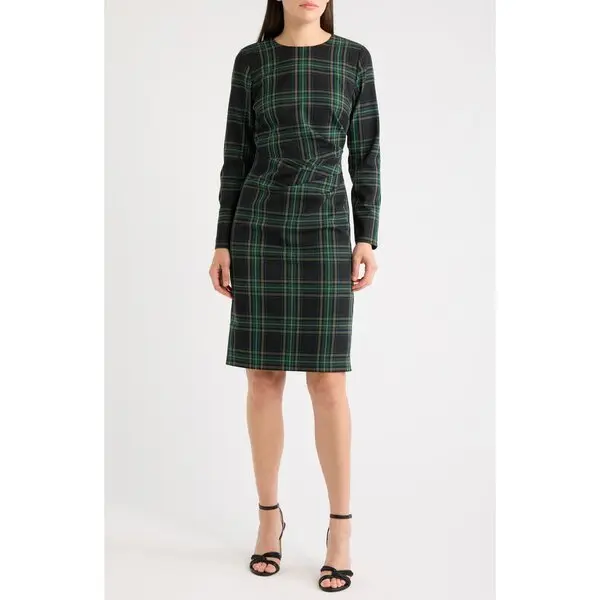 TAHARI ASL Long Sleeve Plaid Sheath Dress - Winter Pine Bark