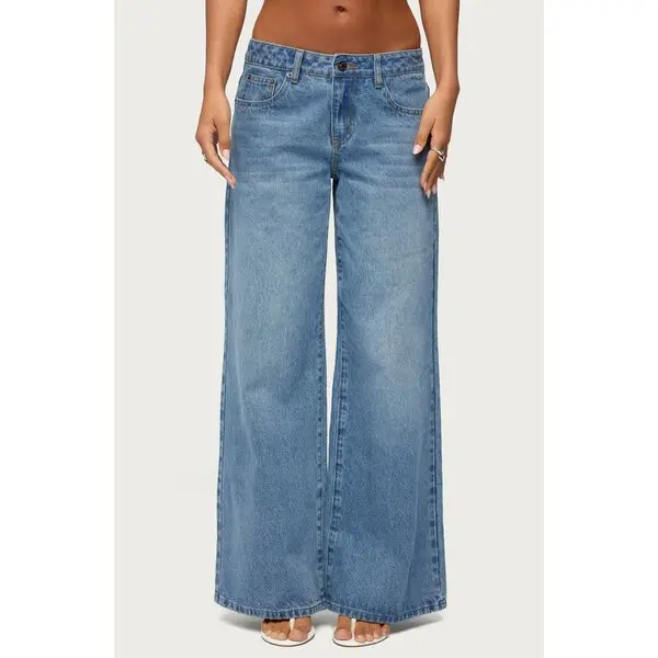 EDIKTED Low Rise Wide Leg Jeans With Union Jack Embellishment