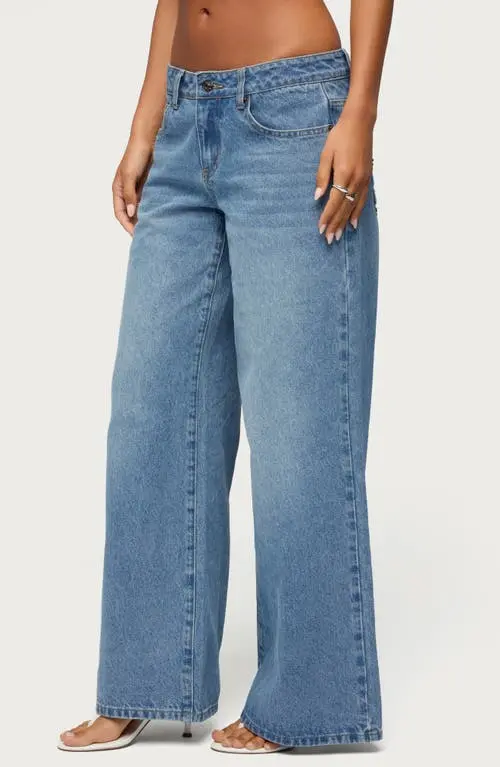 EDIKTED Low Rise Wide Leg Jeans With Union Jack Embellishment