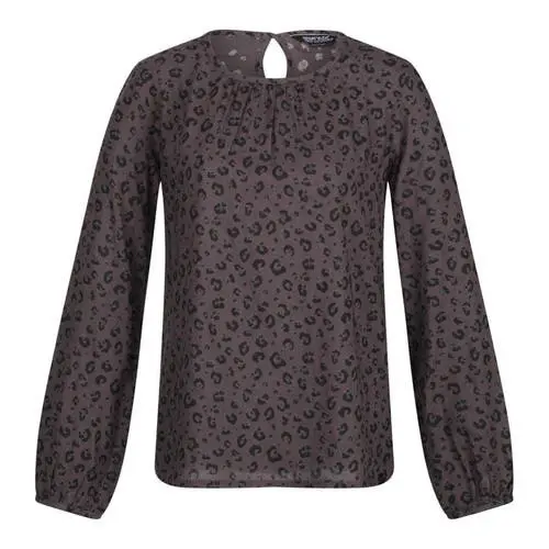 REGATTA Hadria Leopard Print Keyhole Long-sleeved Blouse - Black