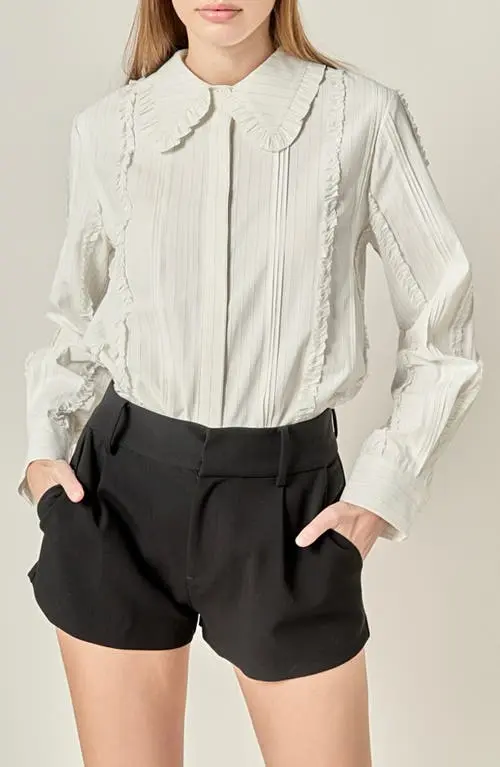 English Factory Stripe Pintuck & Ruffle Button-up Shirt - White