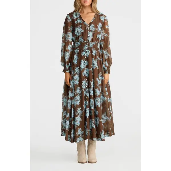 TALISMAN THE LABEL Halcyon Floral Print Long Sleeve Maxi Dress - Mistflower
