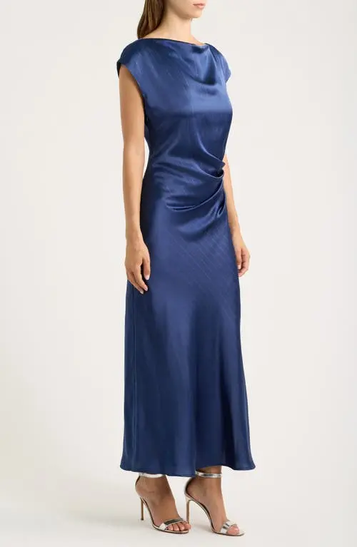 Sam Edelman Drape Bateau Neck Side Ruched Satin Cocktail Dress