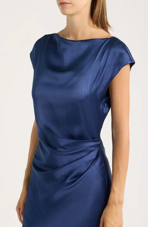 Sam Edelman Drape Bateau Neck Side Ruched Satin Cocktail Dress