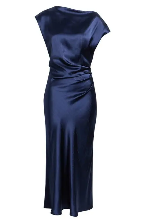 Sam Edelman Drape Bateau Neck Side Ruched Satin Cocktail Dress