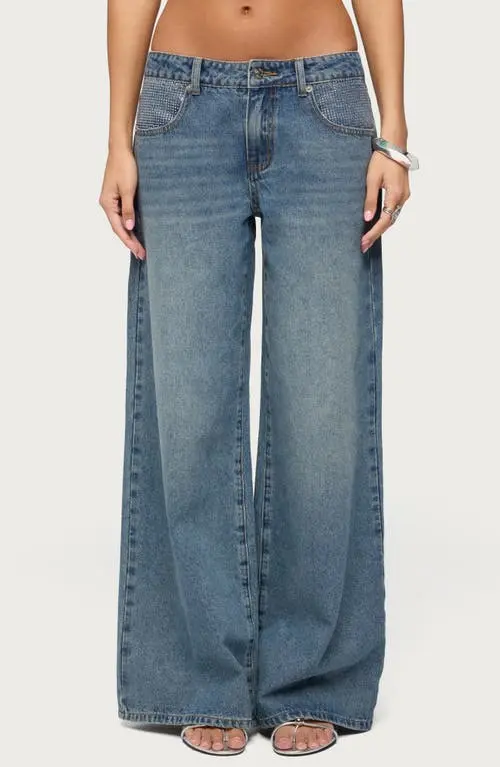 EDIKTED Rhinestone Low Rise Wide Leg Jeans
