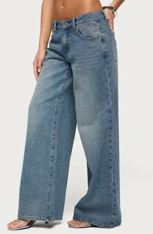 EDIKTED Rhinestone Low Rise Wide Leg Jeans