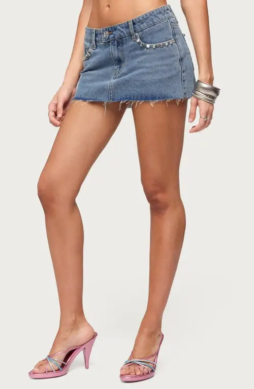 EDIKTED Avielle Studded Raw Hem Denim Miniskirt