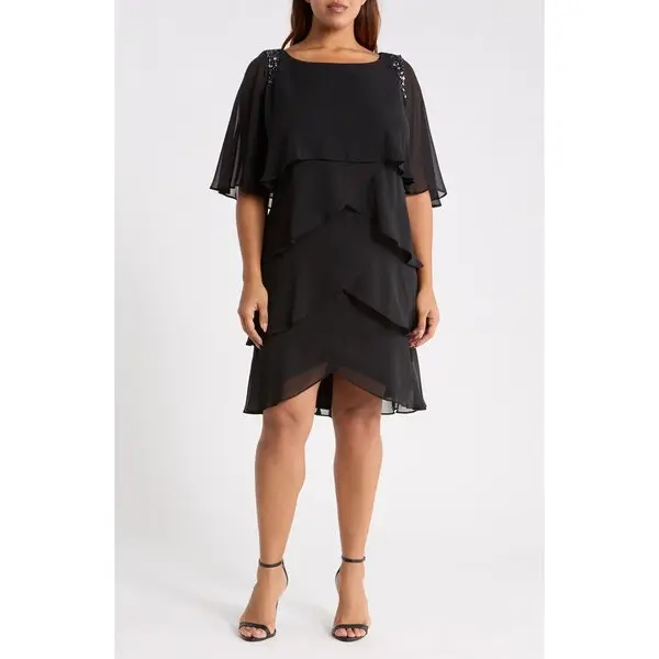 SL FASHIONS Cape Overlay Beaded Cocktail Dress - Black