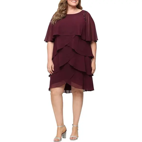 SL FASHIONS Cape Overlay Beaded Cocktail Dress - Fig