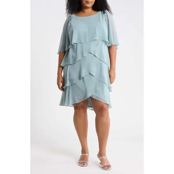 SL FASHIONS Cape Overlay Beaded Cocktail Dress - Sage