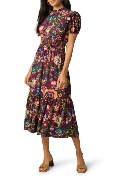 Adrianna Papell Printed Puff Sleeve Midi Dress - Burgundy Multi