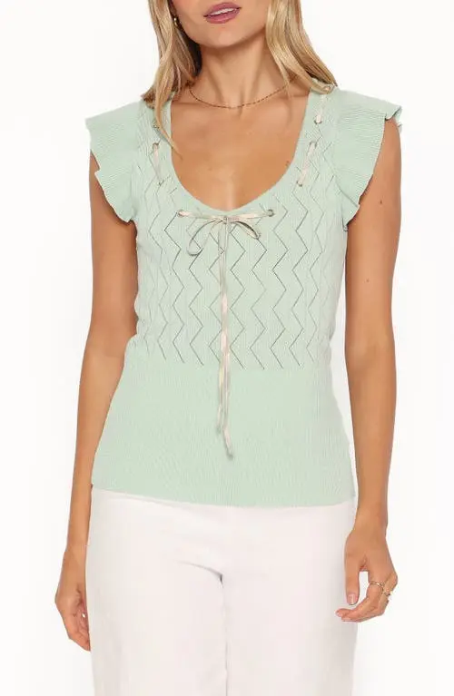 PETAL & PUP Tucker Pointelle Knit Top With Ruffle Cap Sleeves And Lace-up Neckline