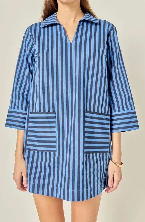 English Factory Striped Kaftan Collar Minidress