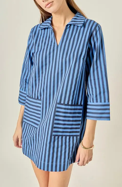 English Factory Striped Kaftan Collar Minidress
