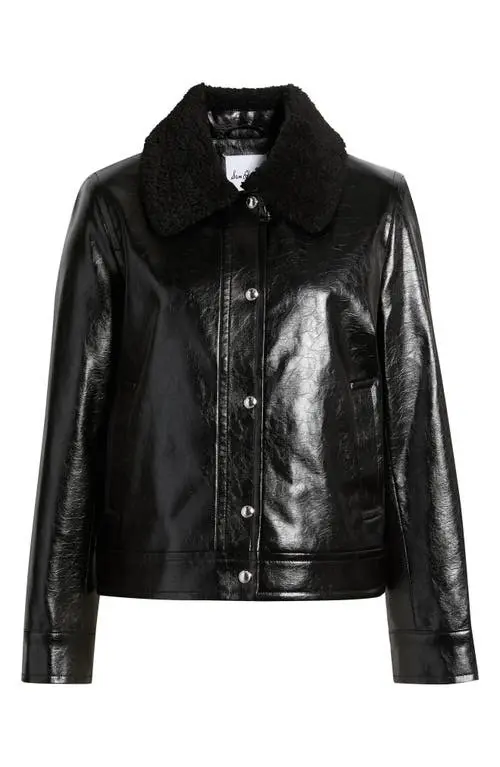 Sam Edelman Slim Fit Faux Leather Jacket With Faux Fur Collar - Black