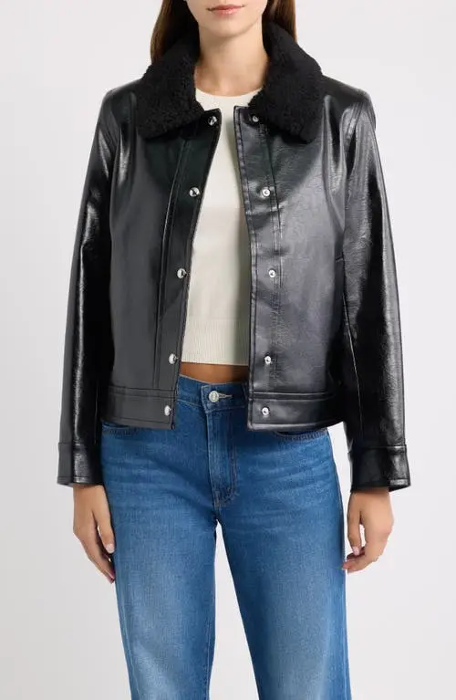 Sam Edelman Slim Fit Faux Leather Jacket With Faux Fur Trim - Black