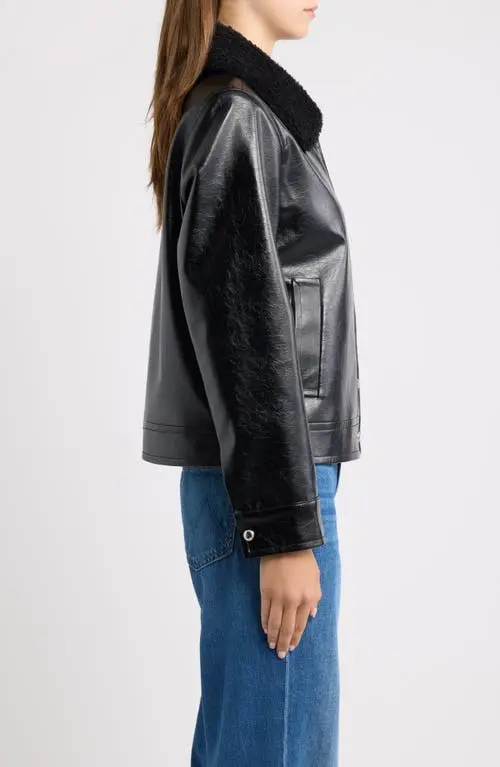 Sam Edelman Slim Fit Faux Leather Jacket With Faux Fur Trim - Black