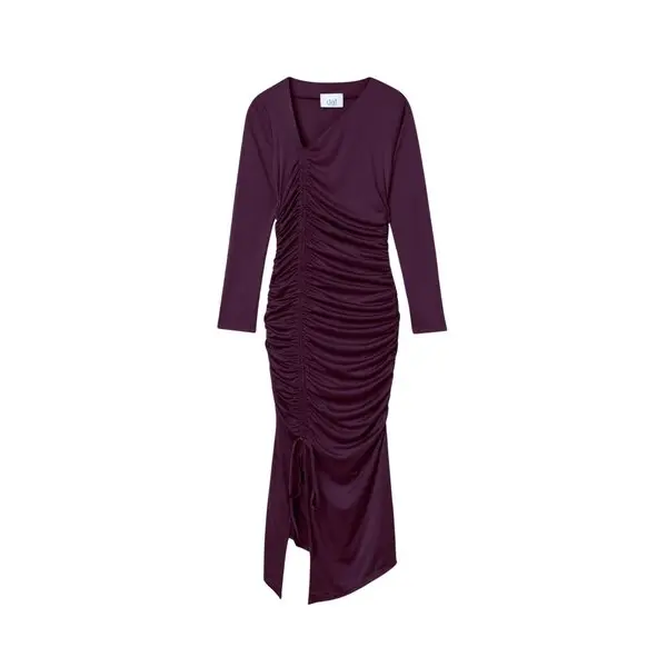 DĀL THE LABEL Ruched Asymmetric Midi Dress Raisin