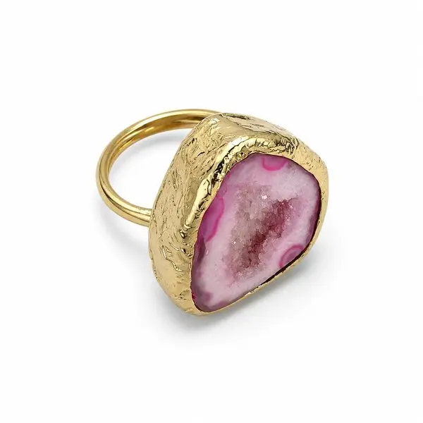 BY OZGE Pink / Gold Pink Druzy Gold Plated Adjustable Ring Pink