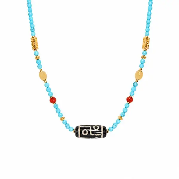 ORMIRO Dolma Turquoise & Dzi Bead Necklace - Blue
