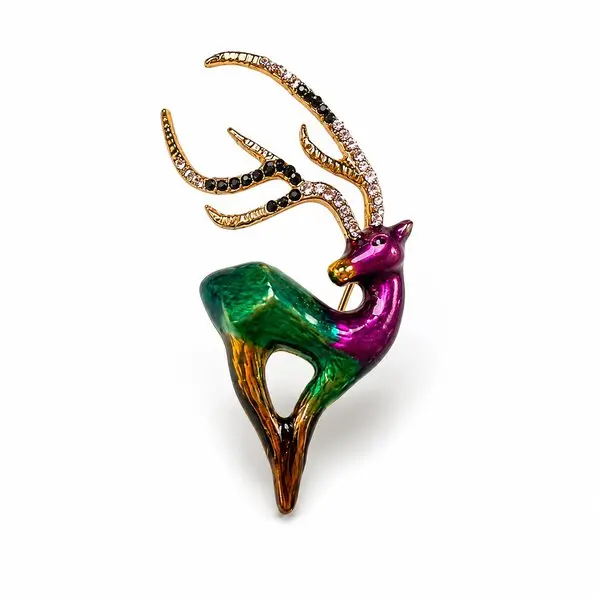 BY OZGE Emerald Spirit Stag Gold Plated Brooch - Green