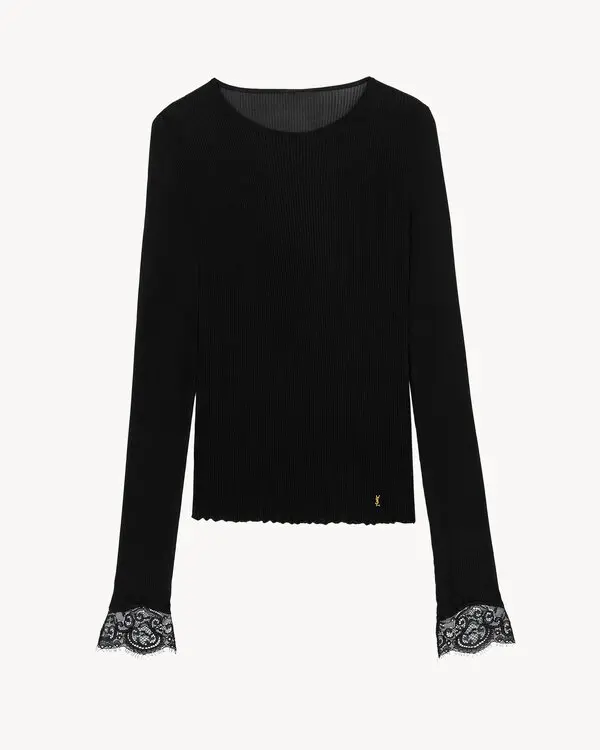 Saint Laurent Cassandre Lace-cuff Top In Ribbed Silk Jersey