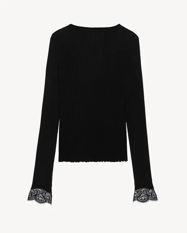 Saint Laurent Cassandre Lace-cuff Top In Ribbed Silk Jersey