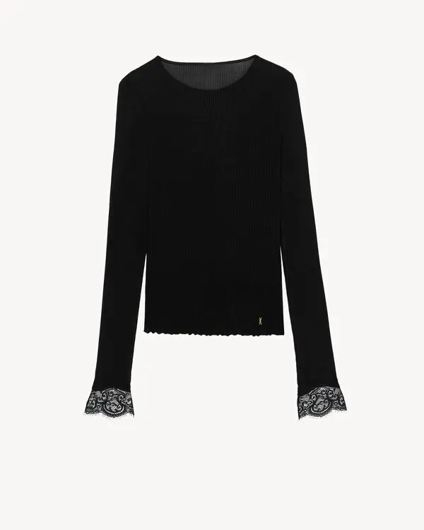 Saint Laurent Cassandre Lace Cuff Ribbed Silk Top