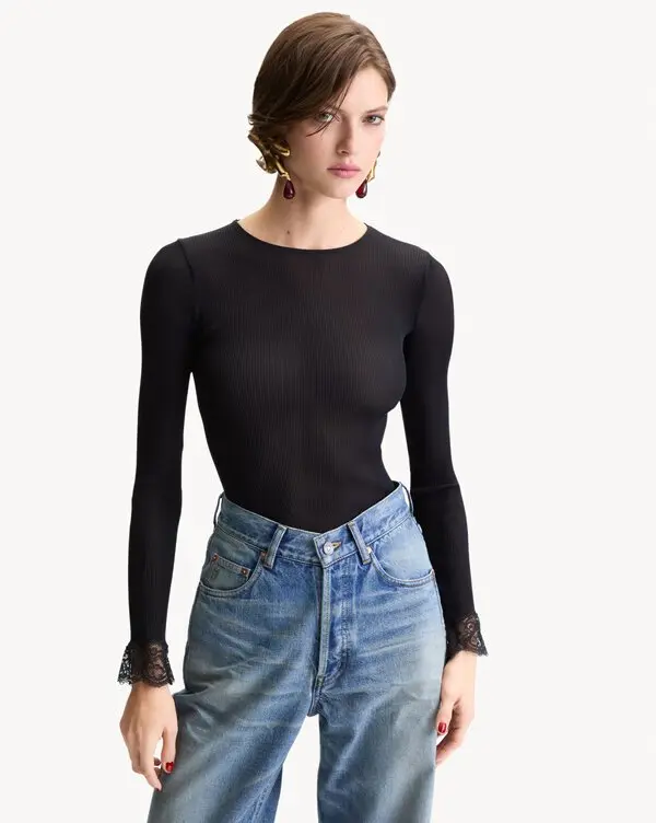 Saint Laurent Cassandre Lace Cuff Ribbed Silk Top