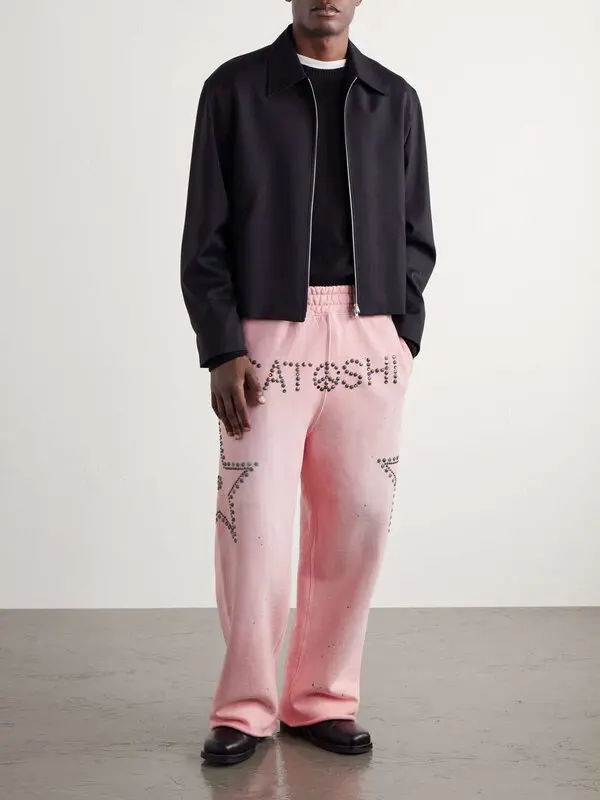 SATOSHI NAKAMOTO Wide-leg Studded Cotton-jersey Sweatpants