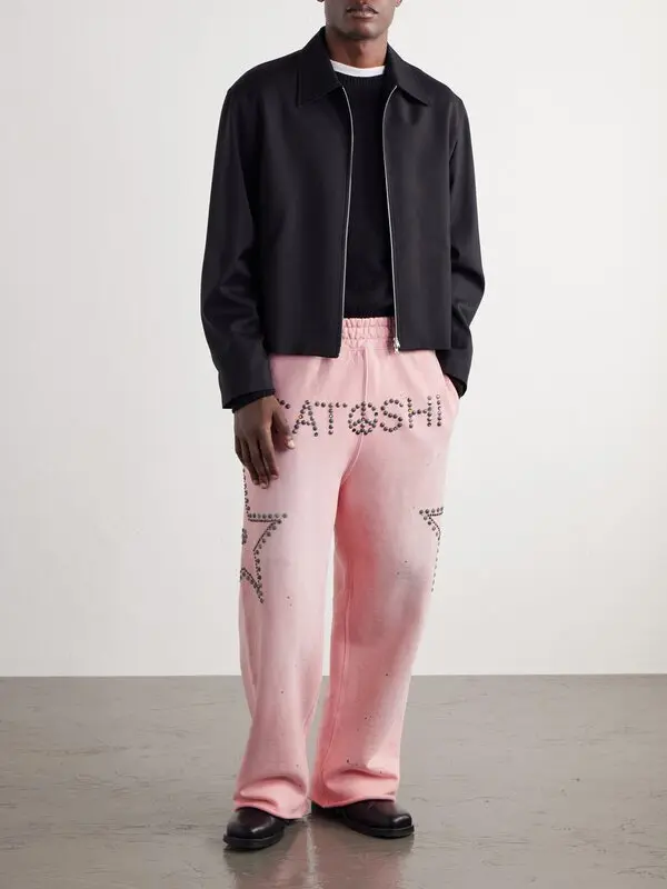 SATOSHI NAKAMOTO Wide-leg Studded Cotton-jersey Sweatpants - Pink